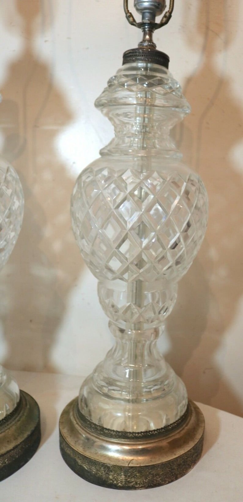 Vintage Pair of 2 Cut Clear Crystal Glass Silver Toned Electric Table ...