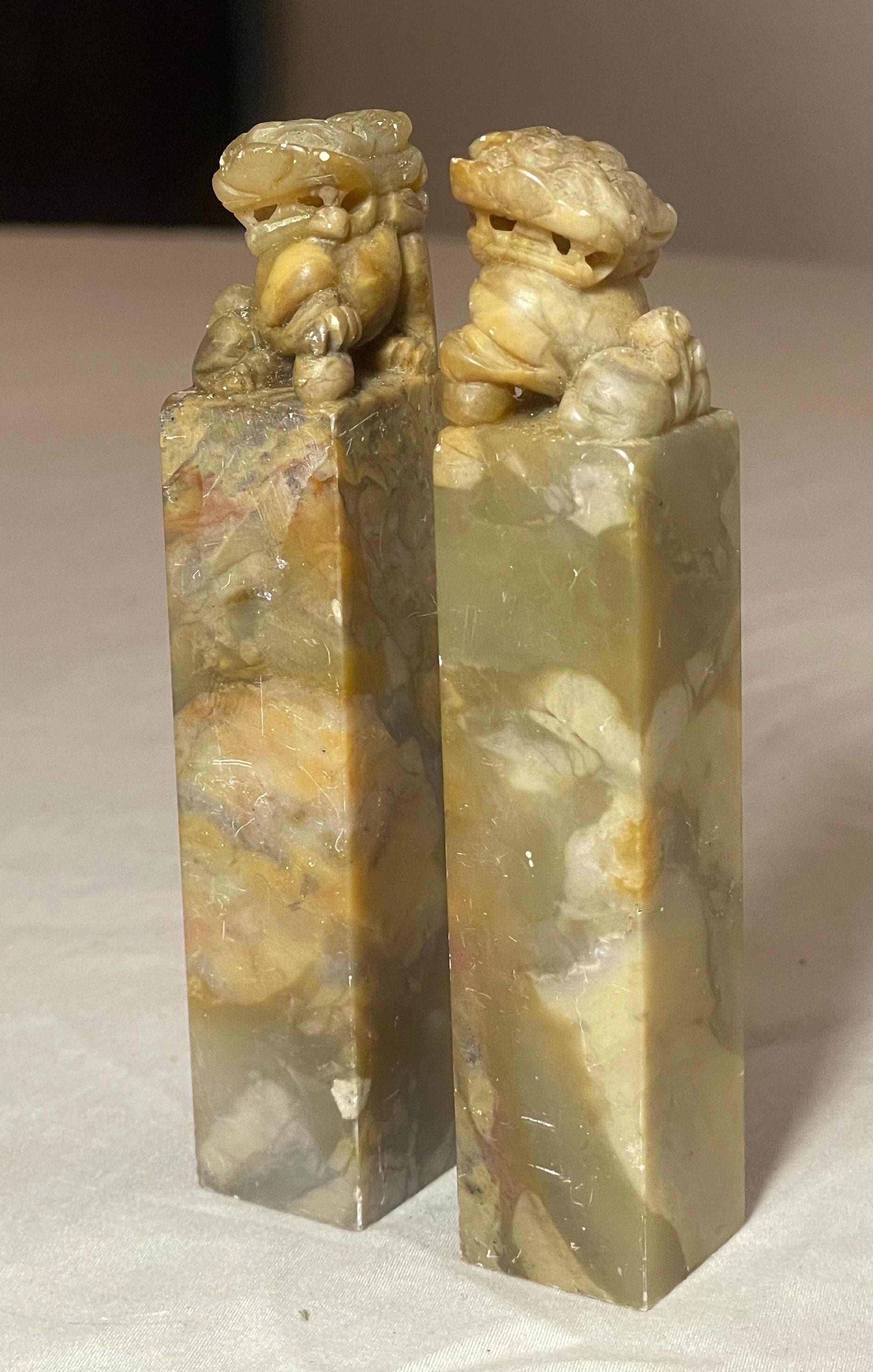 Pair Antique Hand Carved Chinese Hard Stone Chop Seal Block Foo Lion ...
