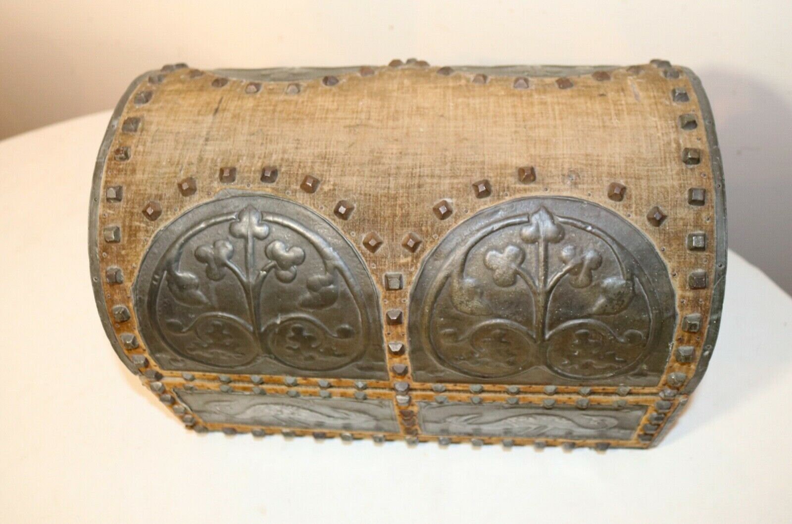 Rare Antique 1916 Handmade Tooled Tole Wood Velour Dome Top Box Trunk ...