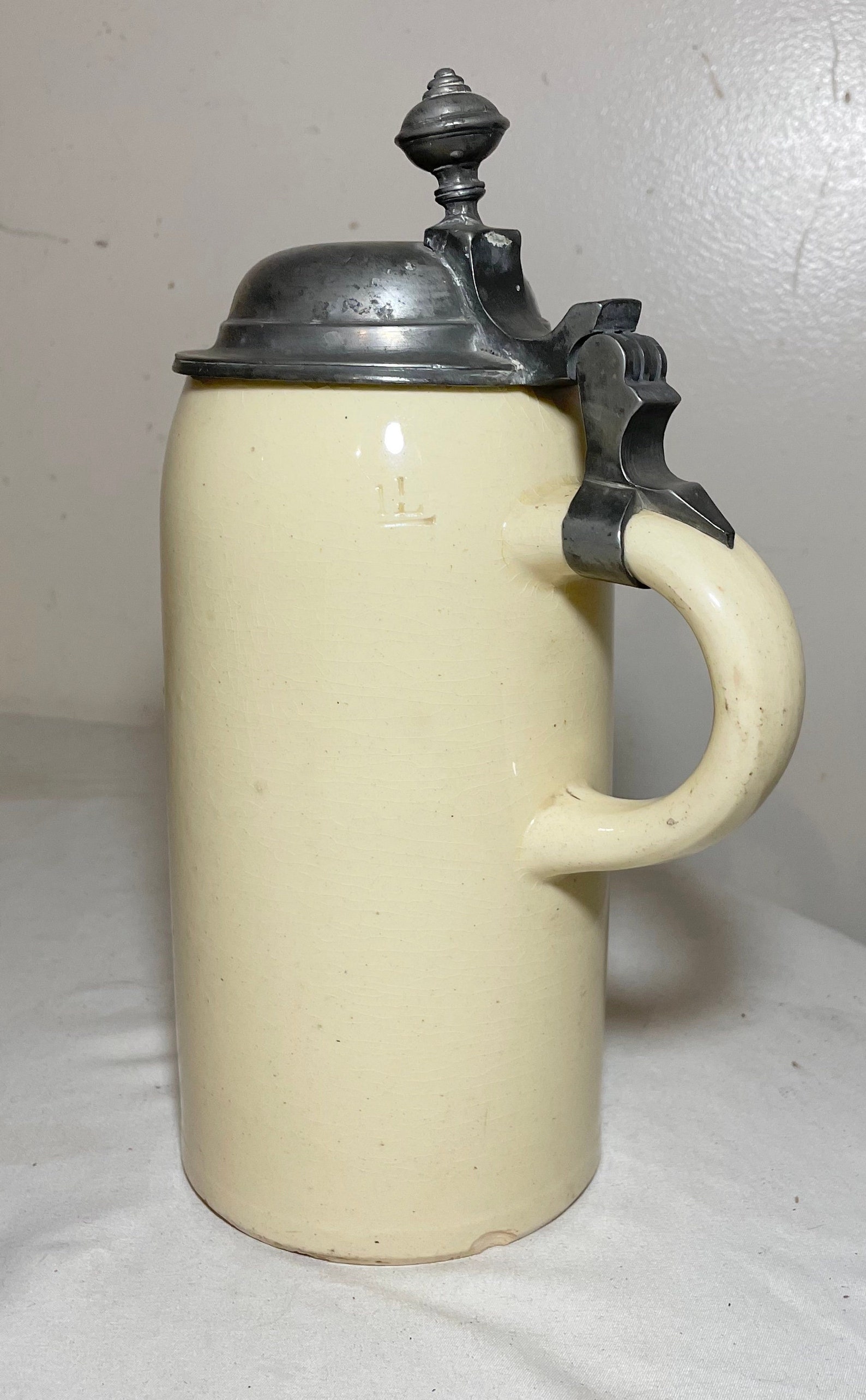 Antique 1ltr. Early 1800's German Pottery Pewter Lidded Beer Stein Mug ...
