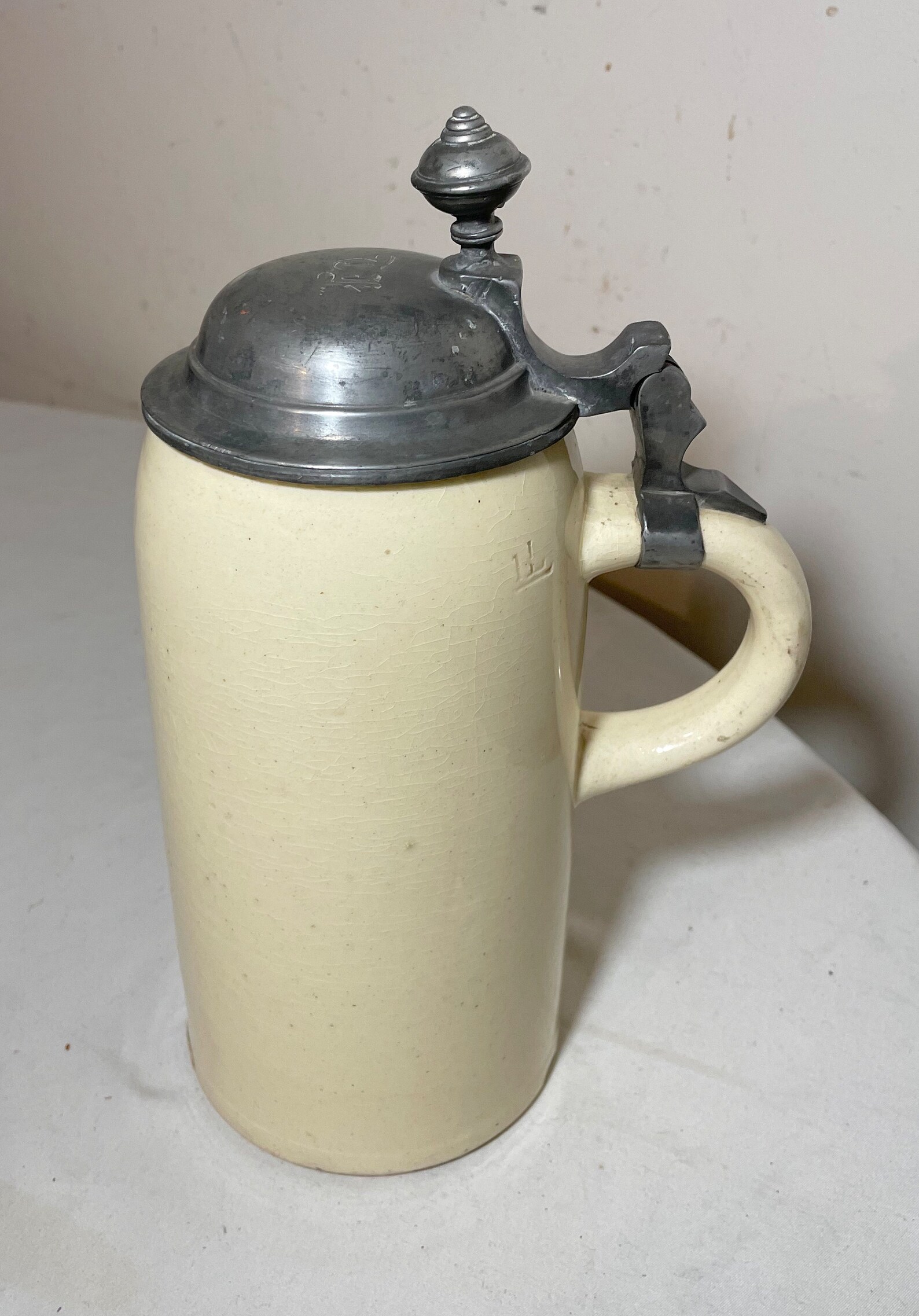 Antique 1ltr. Early 1800's German Pottery Pewter Lidded Beer Stein Mug ...