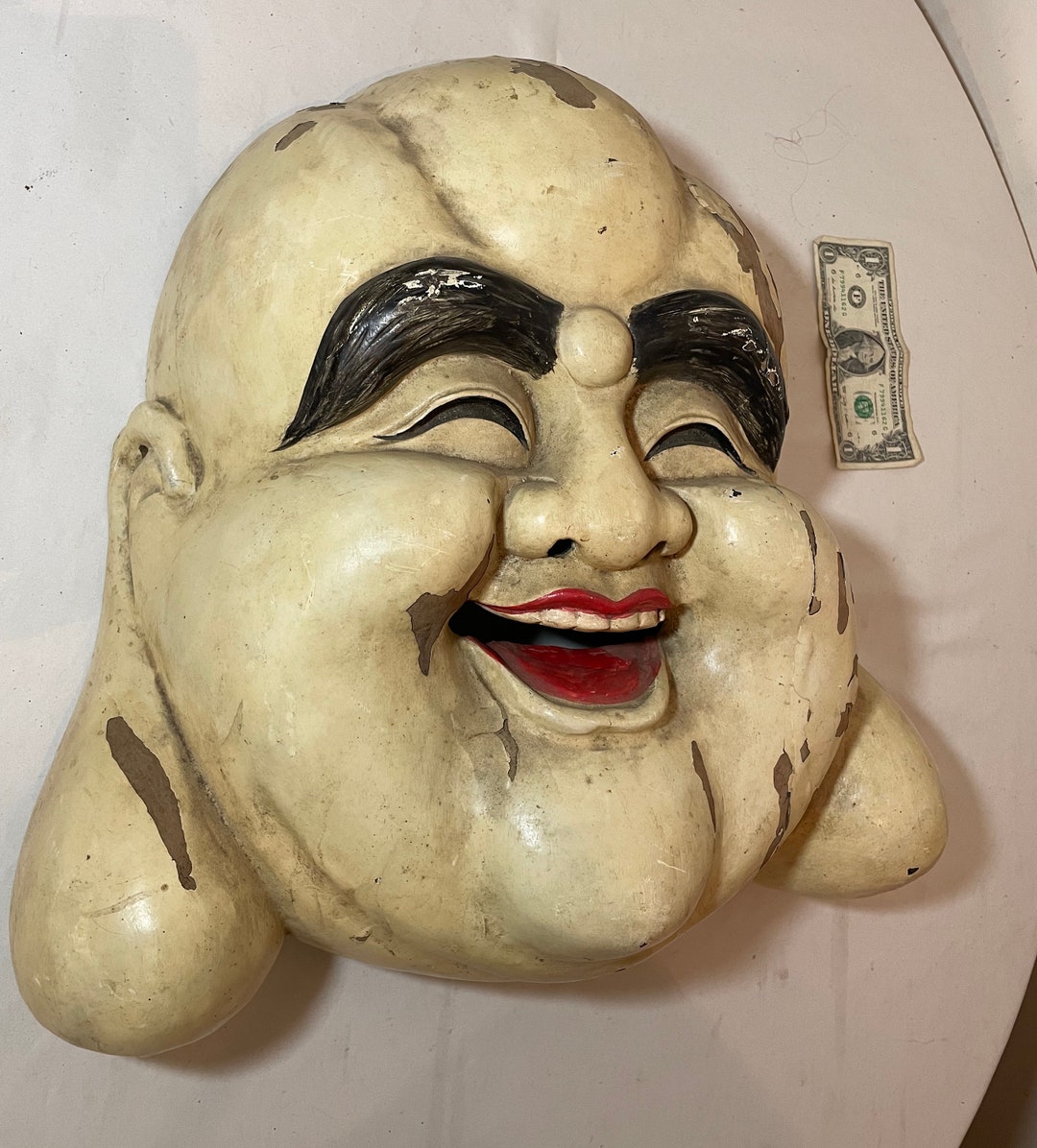 HUGE Rare Antique Hand Carved Wood Chinese Hotei God Mask Wall ...