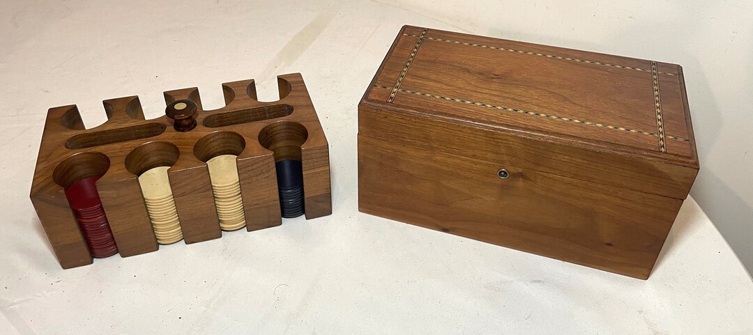 Antique Handmade Wooden Marquetry Wood Clay Poker Caddy Gambling Set ...