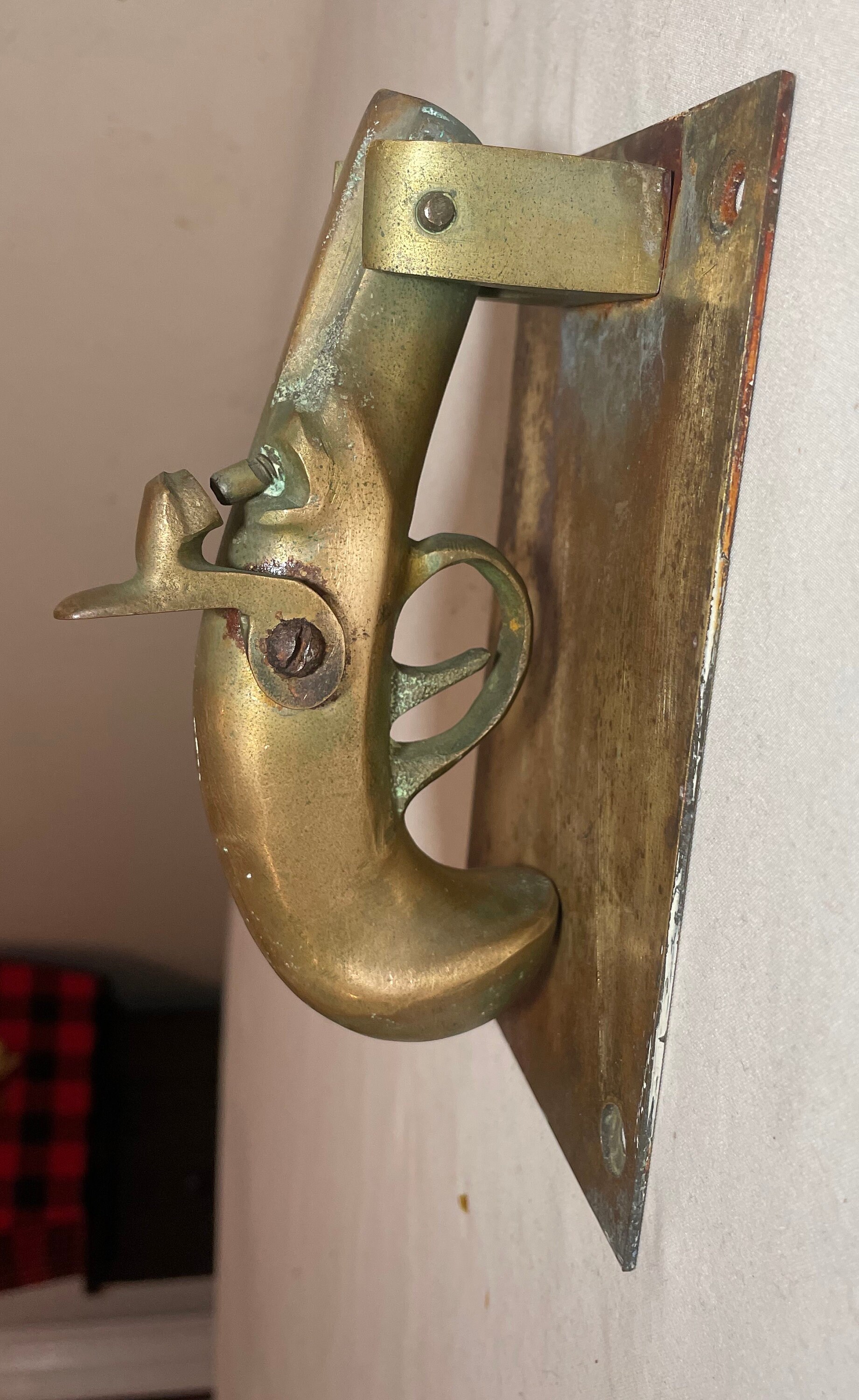 RARE Antique Solid Heavy Brass Gun Pistol Flintlock Figural Front Door ...