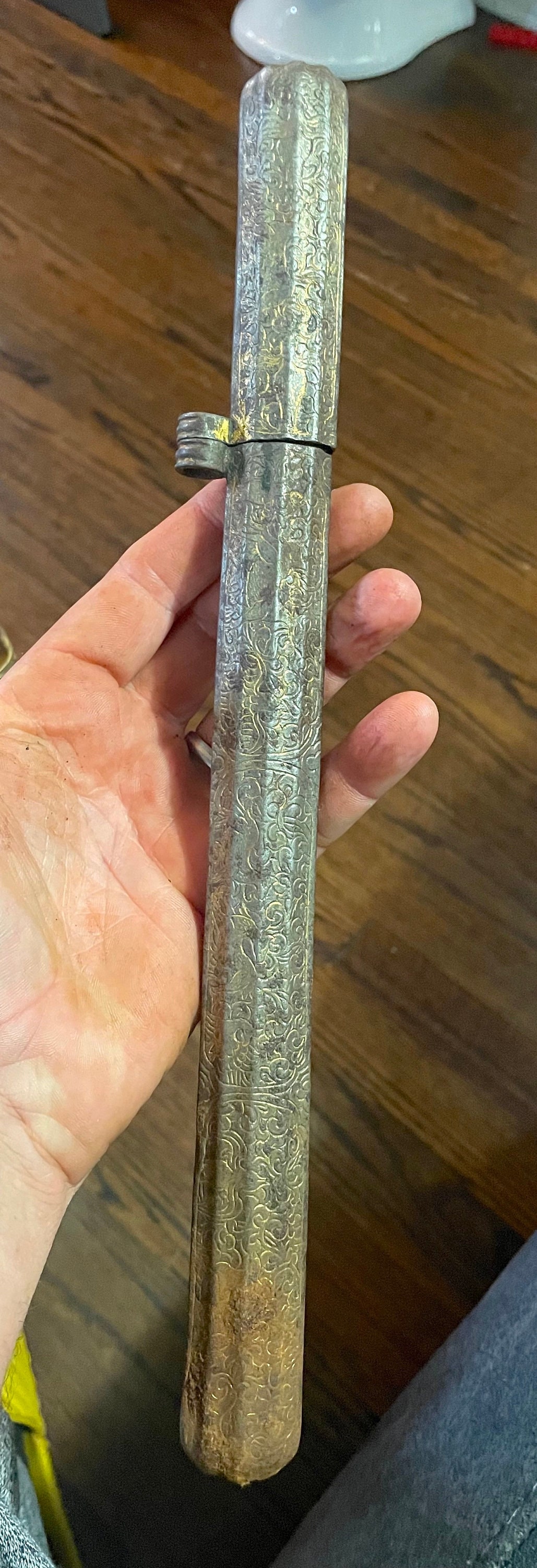 Antique 1800 S Handmade Chinese Bamboo Pen Quill Cast Iron Ornate ...