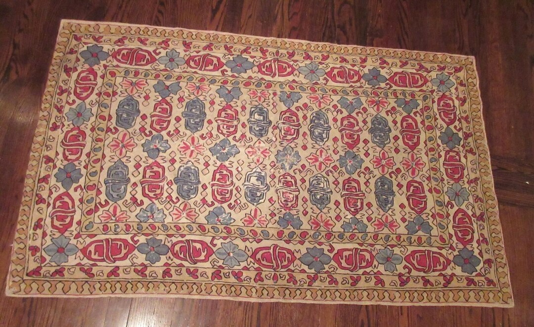 Antique Hand Embroidered Stitched Wool Chain Link Rug Mat Carpet ...