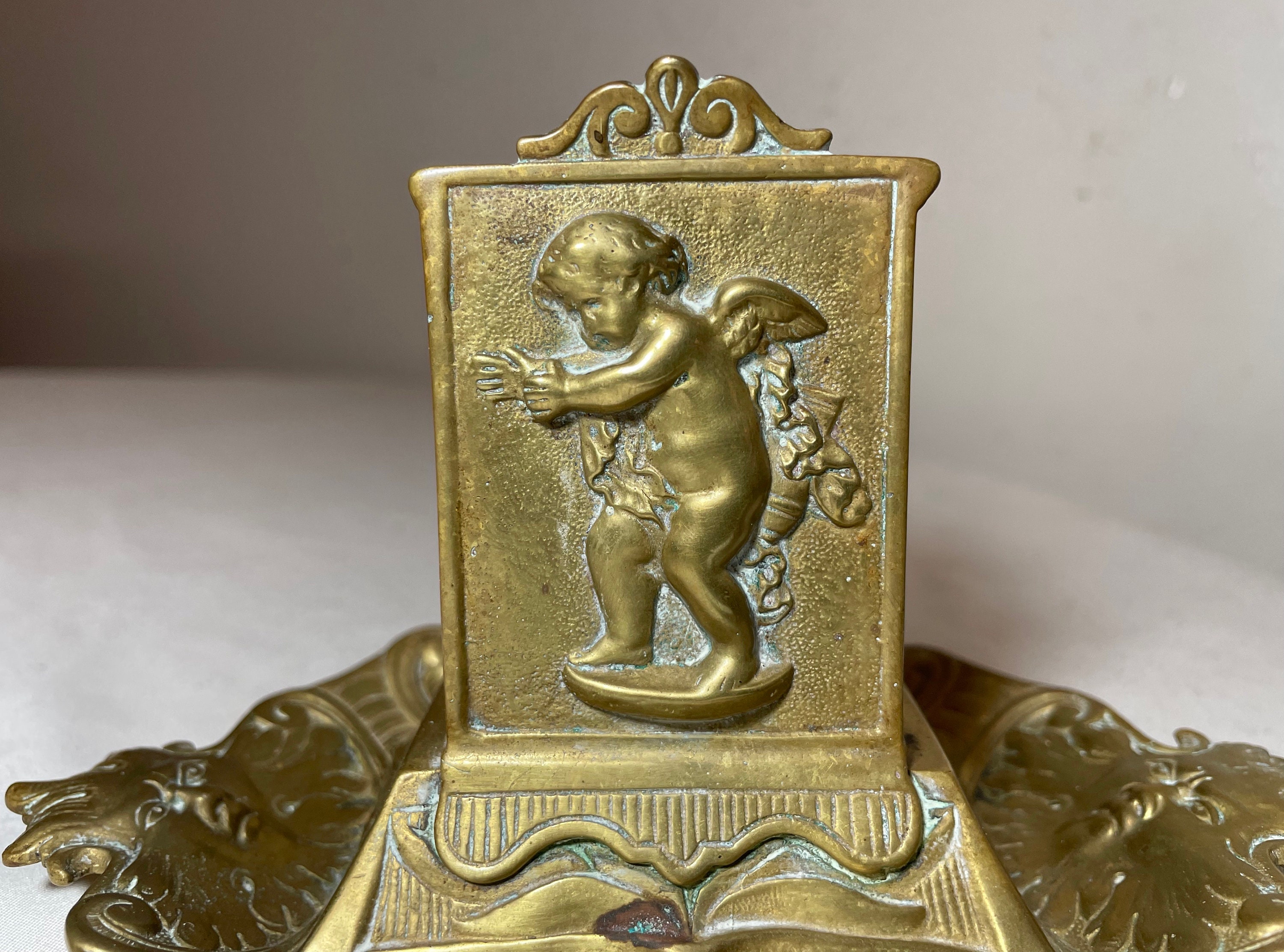 Antique 1800's Gilt Bronze Smoking Ashtray Cherub Match Safe Holder ...