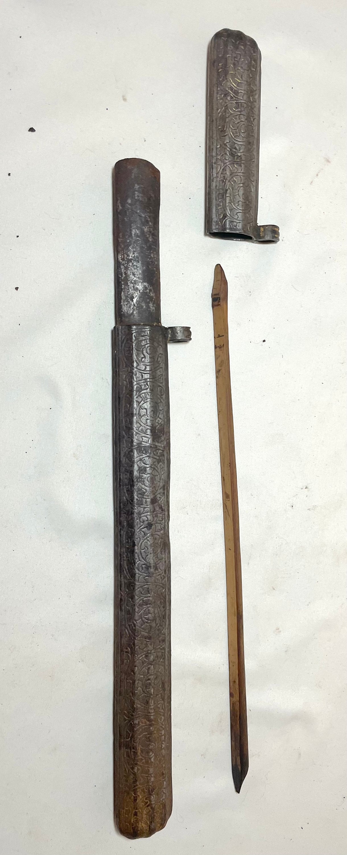 Antique 1800 S Handmade Chinese Bamboo Pen Quill Cast Iron Ornate ...