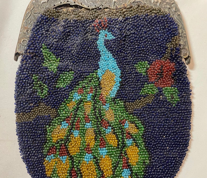 Antique Handmade Micro Glass Beaded Peacock Mosaic Silver - Etsy