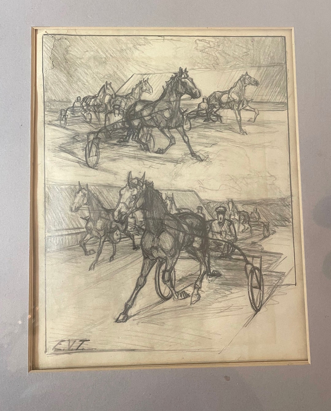 Antique Original Pencil Drawing Horse Harness Track Racing Realism EVT ...