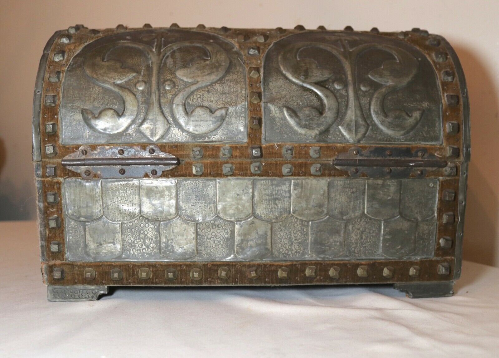 Rare Antique 1916 Handmade Tooled Tole Wood Velour Dome Top Box Trunk ...
