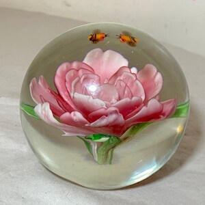 Vintage Hand Blown Art Studio Glass Flower Bee Rose Paperweight Ball ...