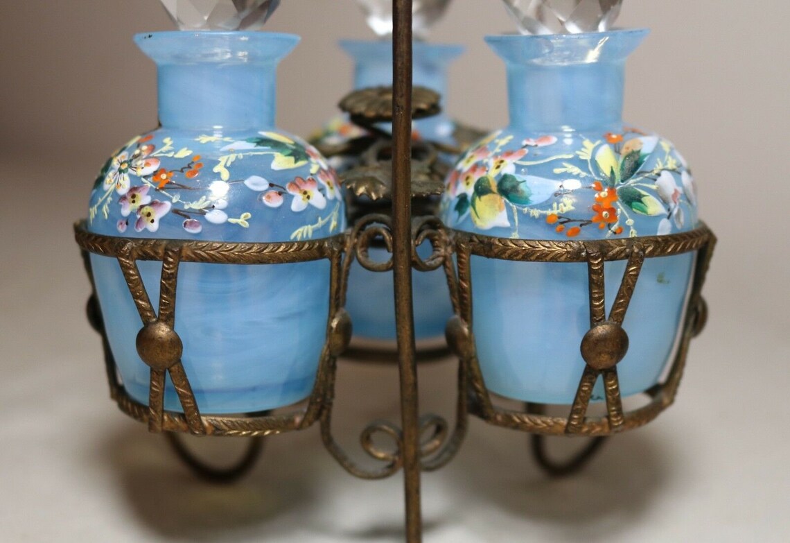 1800's Bronze Enameled Blue Opal Glass Perfume Bottle Set - Etsy
