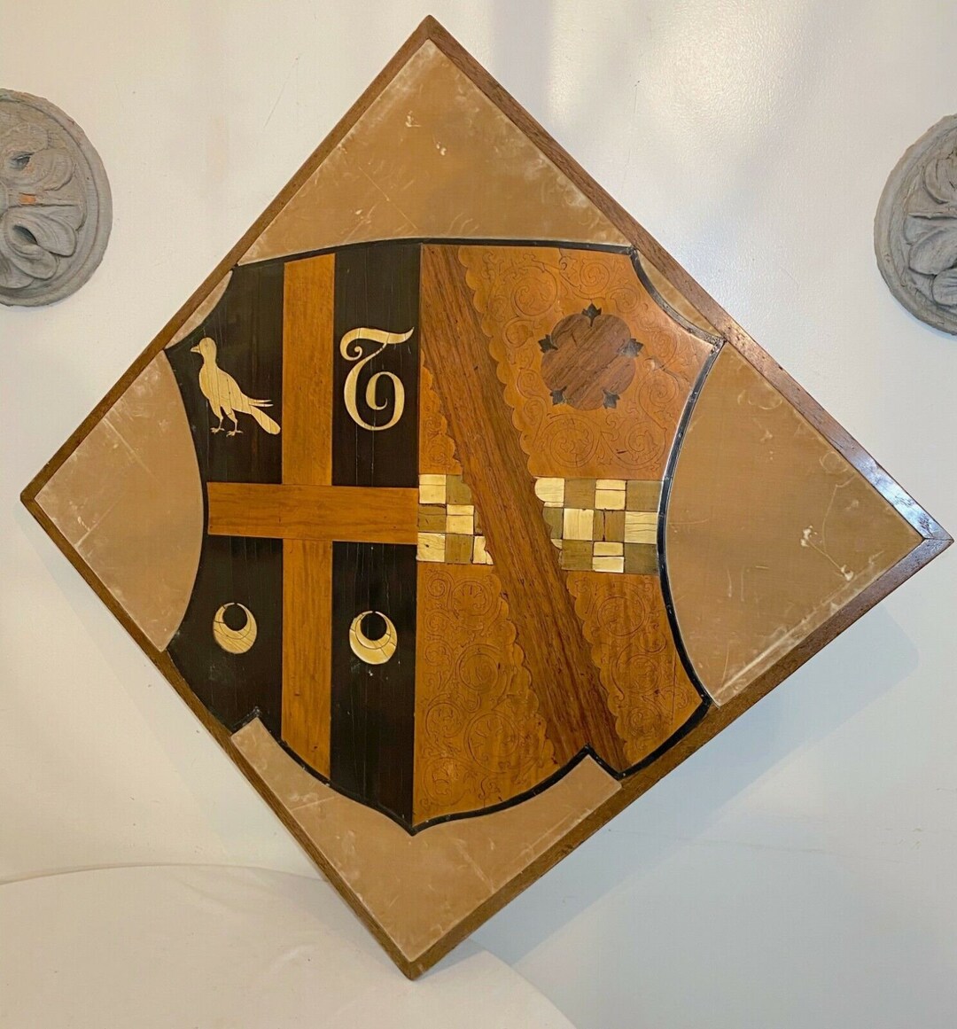 LARGE 1700's Heraldic Wood Marquetry Coat of Arms Crest Shield Plaque ...