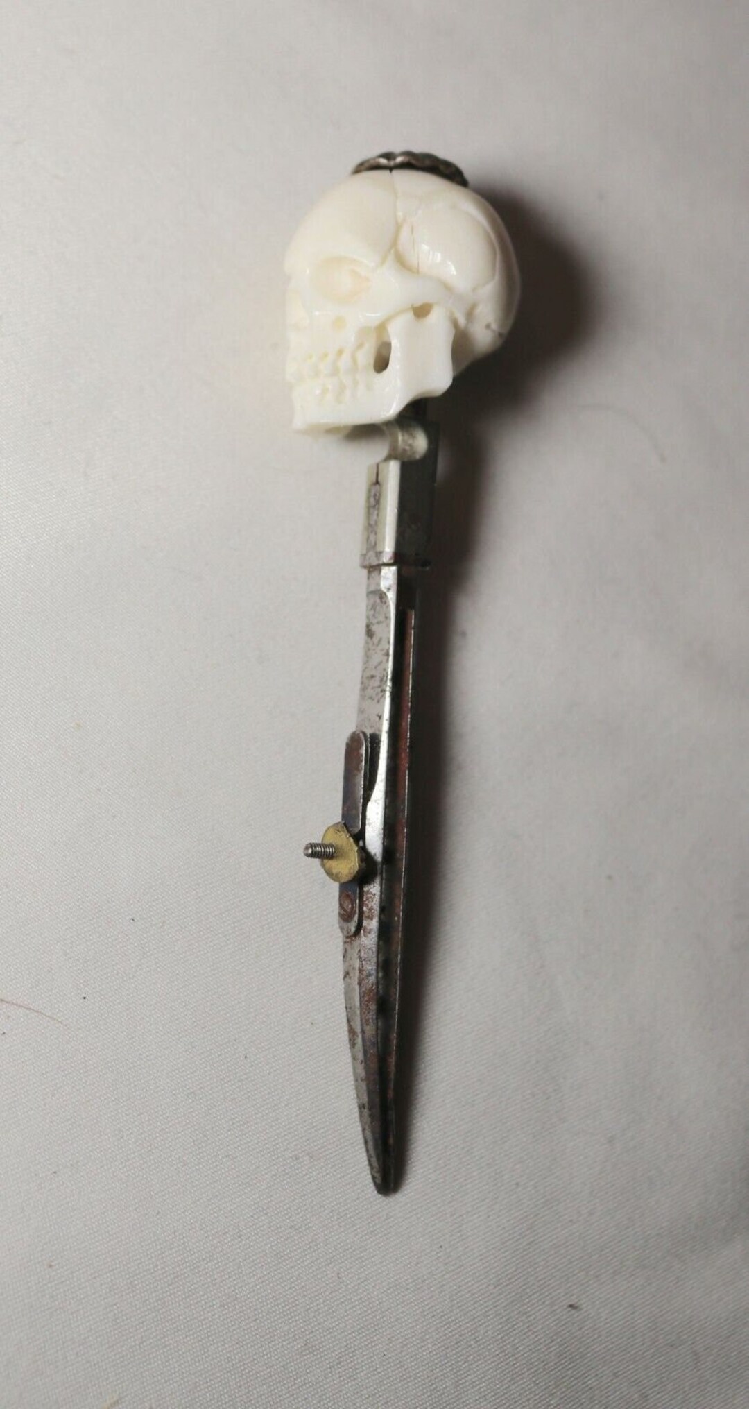 RARE Antique Hand Carved Natural Skeleton Head Metal Figural Drafting ...