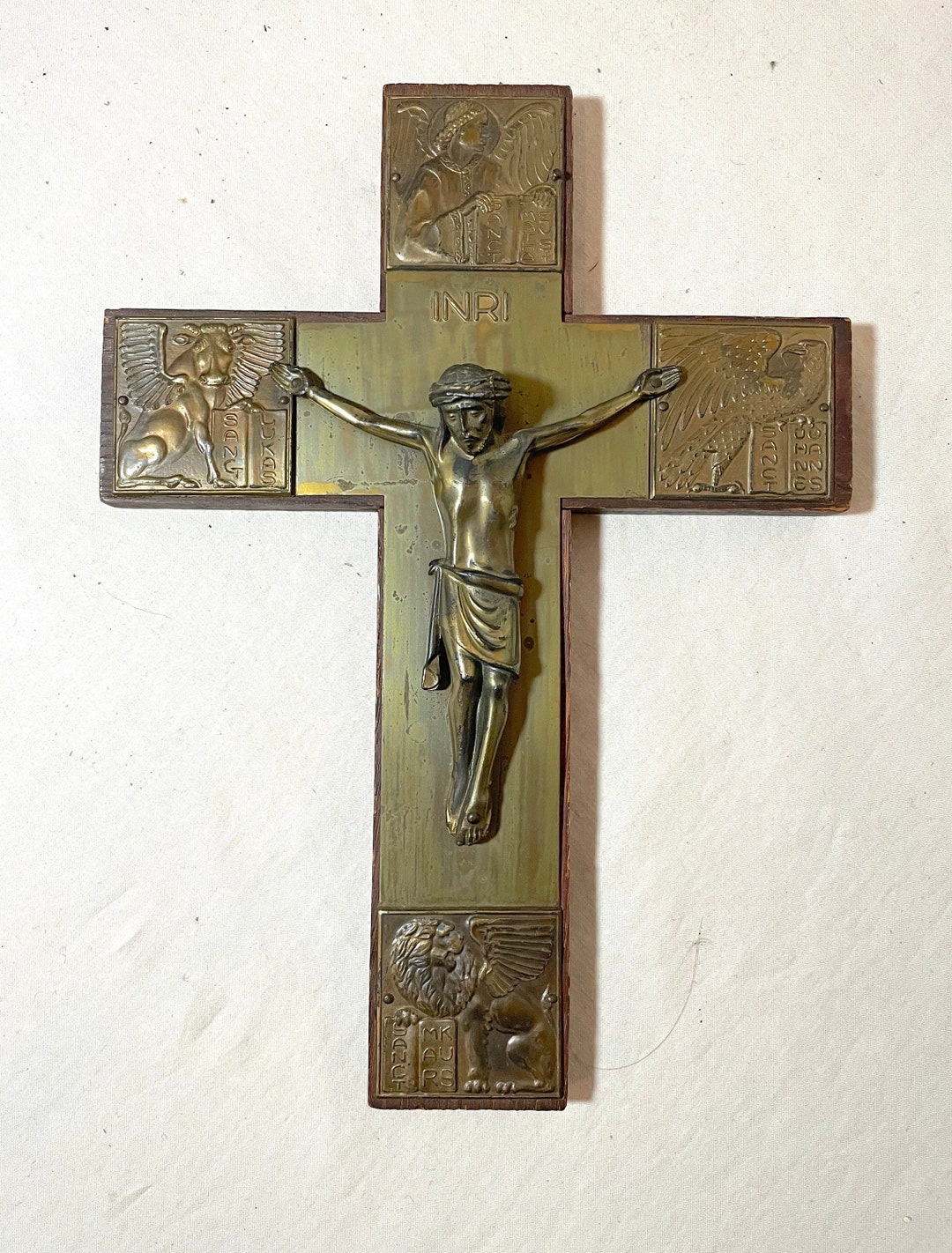 Antique Ornate Latin Wood Brass Religious Wall Crucifix Cross Jesus ...