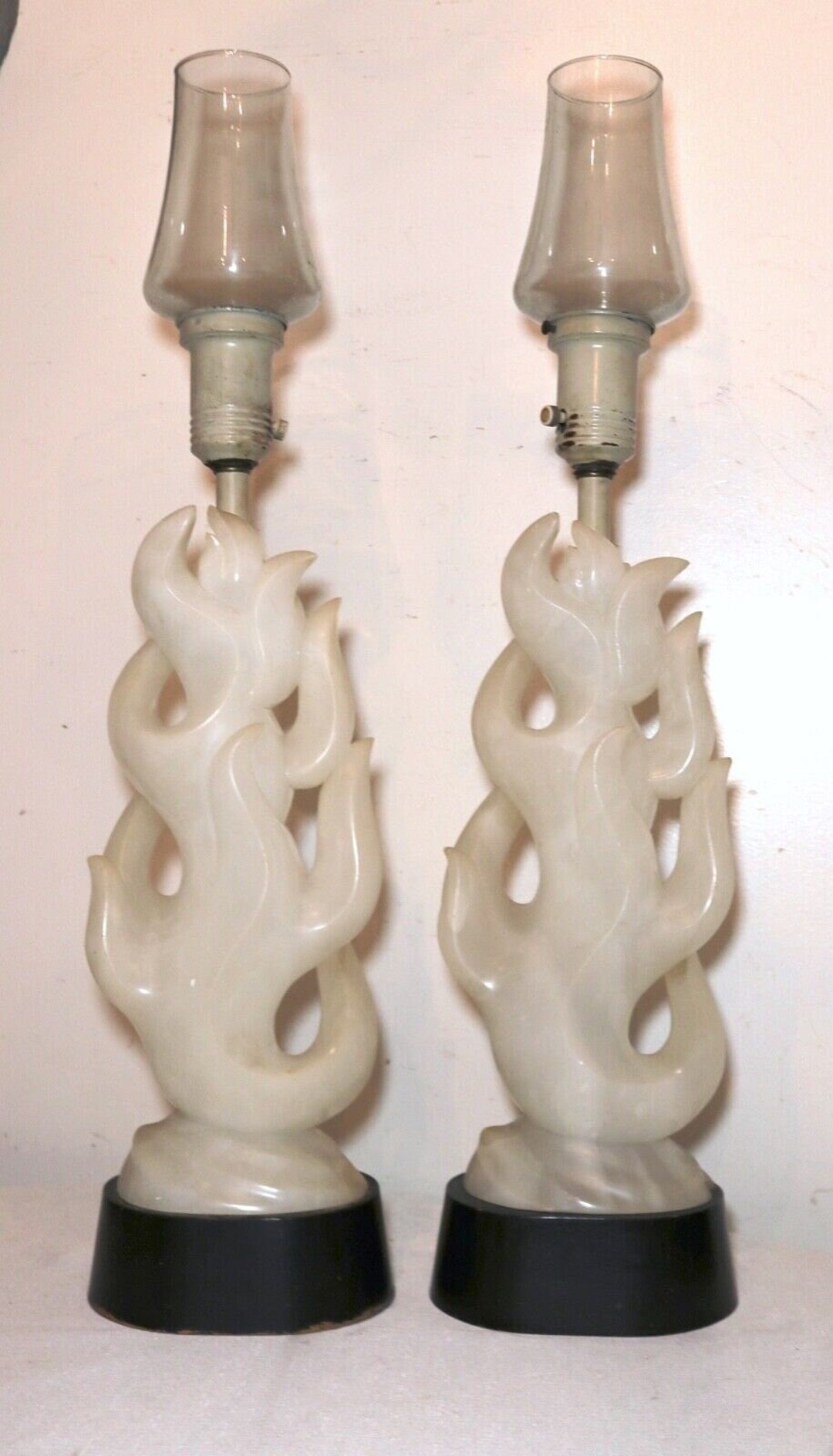 LARGE Pair of Antique Hand Carved Alabaster Stone Wood Flame Fire Table ...