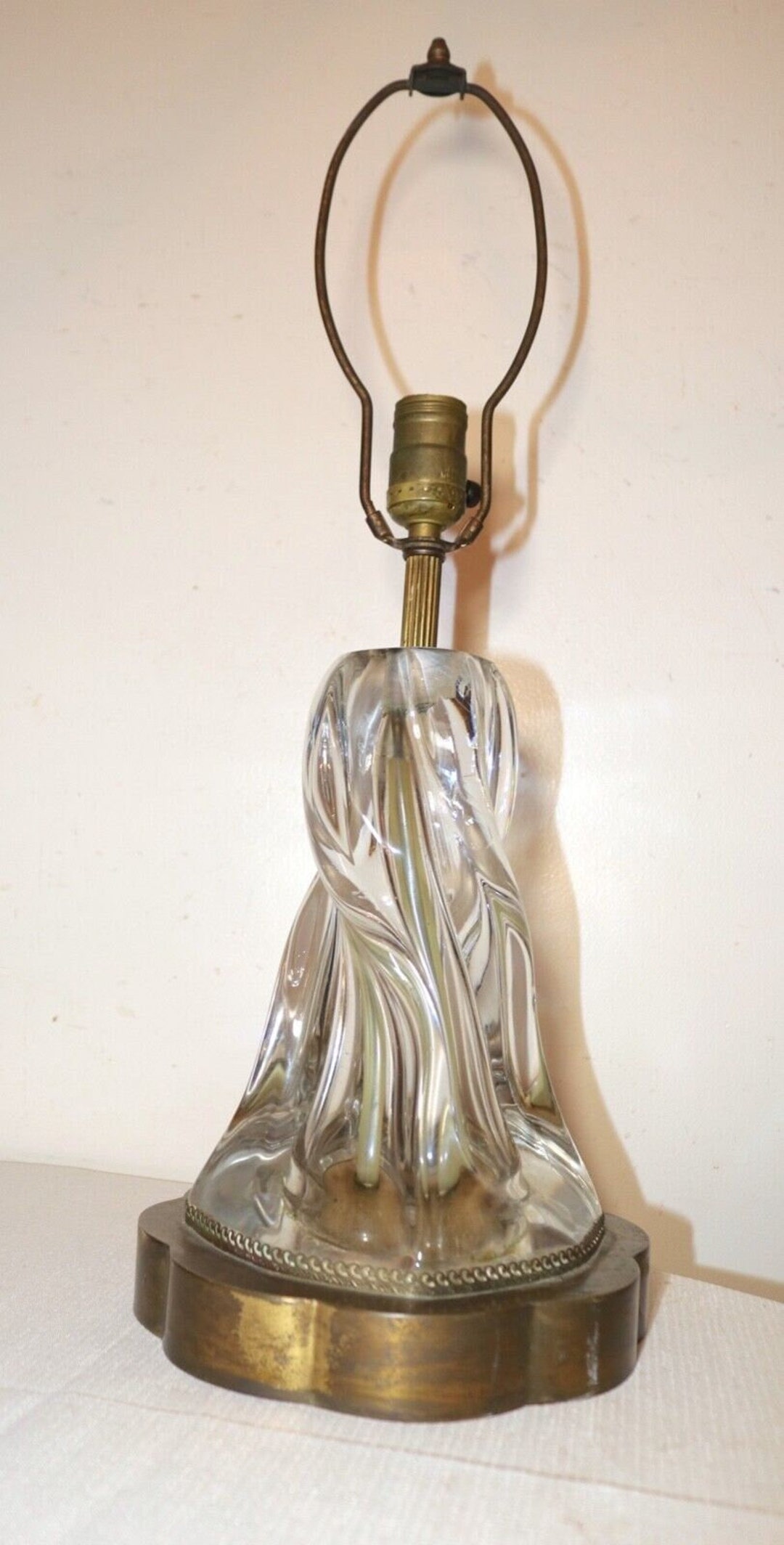 Large Antique Hand Blown Thick Clear Art Glass Brass Electric Table ...