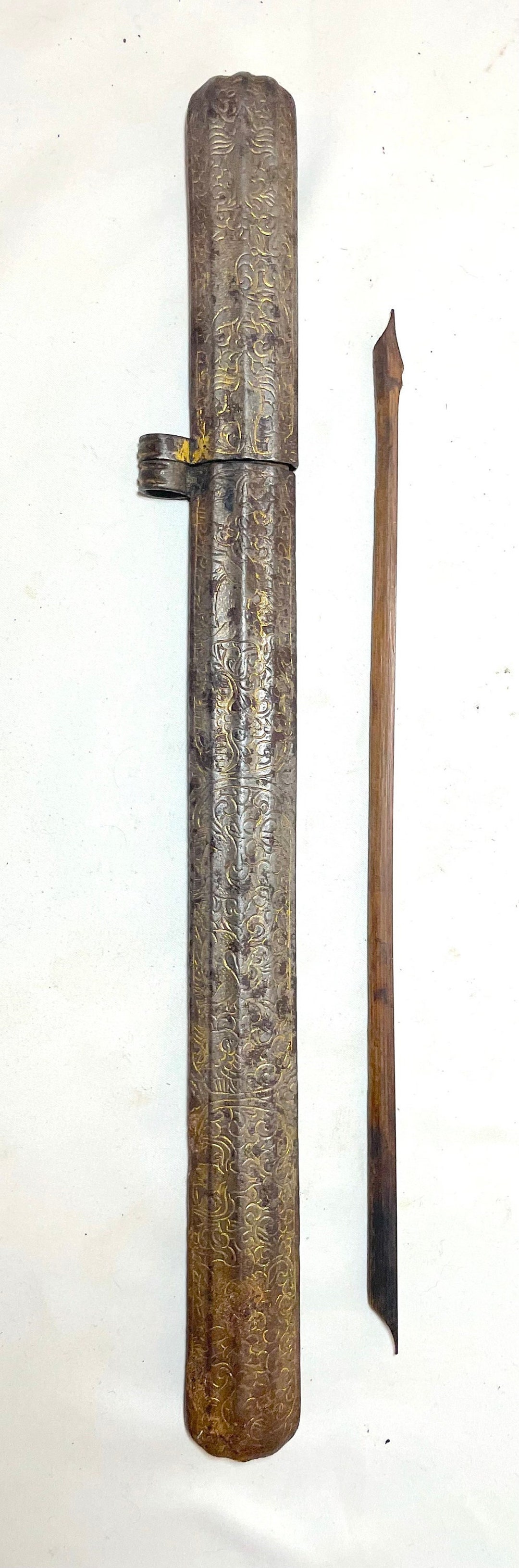 Antique 1800 S Handmade Chinese Bamboo Pen Quill Cast Iron Ornate ...