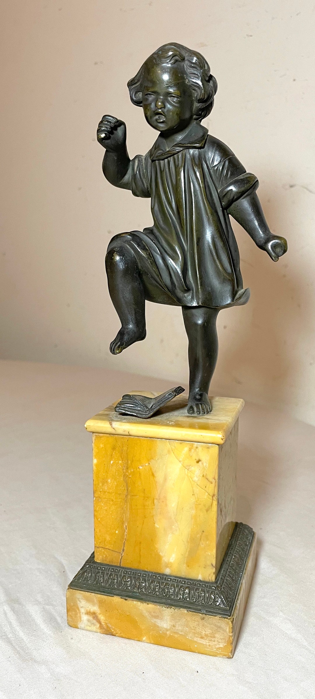 Antique 1800's French Boy Child Stomping Book Bronze Marble Statue ...