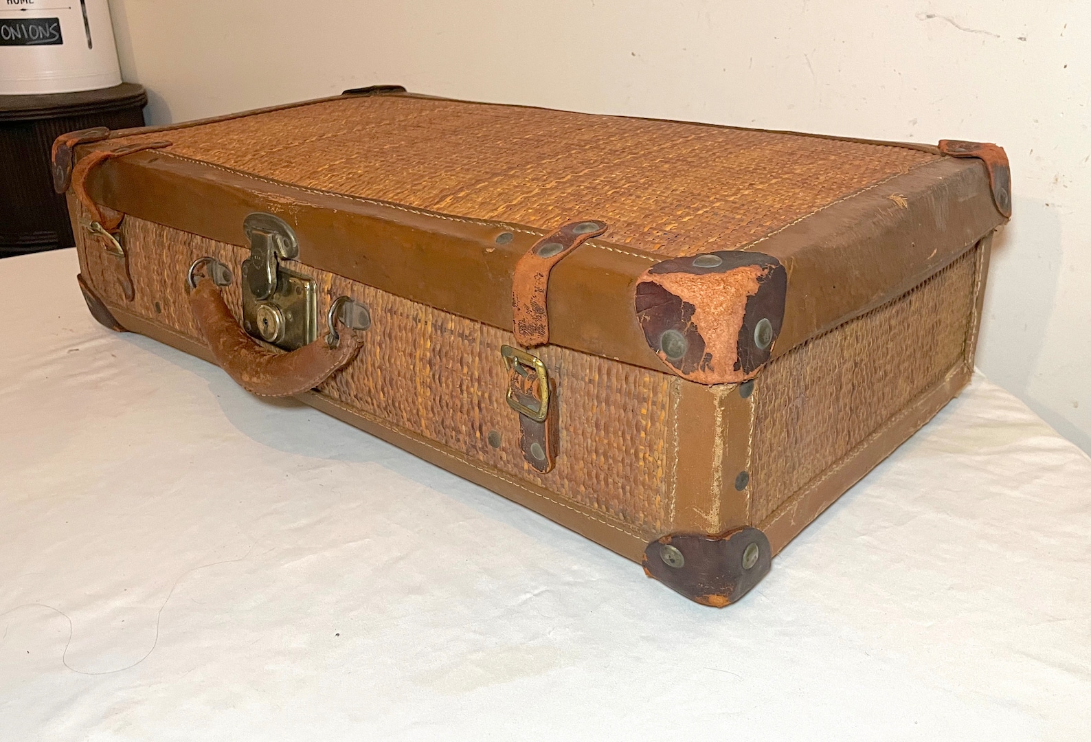 Rare Antique 19th Century Handmade Woven Wicker Leather Brass Travel ...