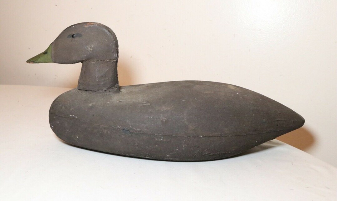 Antique Hand Carved Wood Folk Art Hollow Body Black Duck Decoy Bird ...