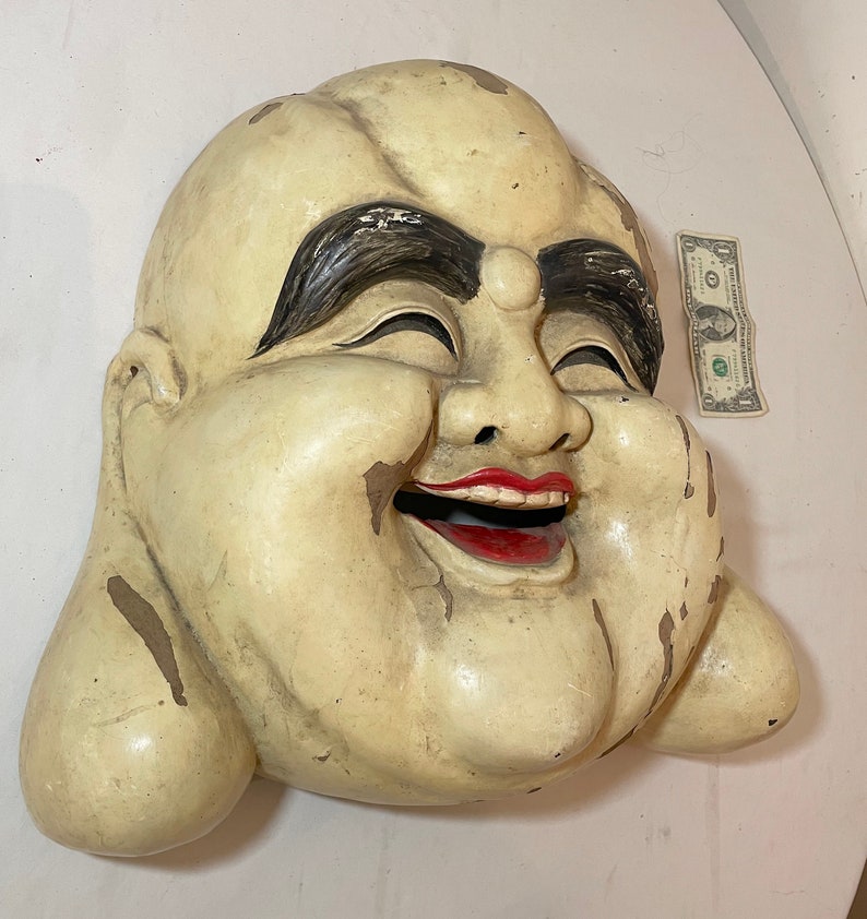 HUGE Rare Antique Hand Carved Wood Chinese Hotei God Mask Wall ...