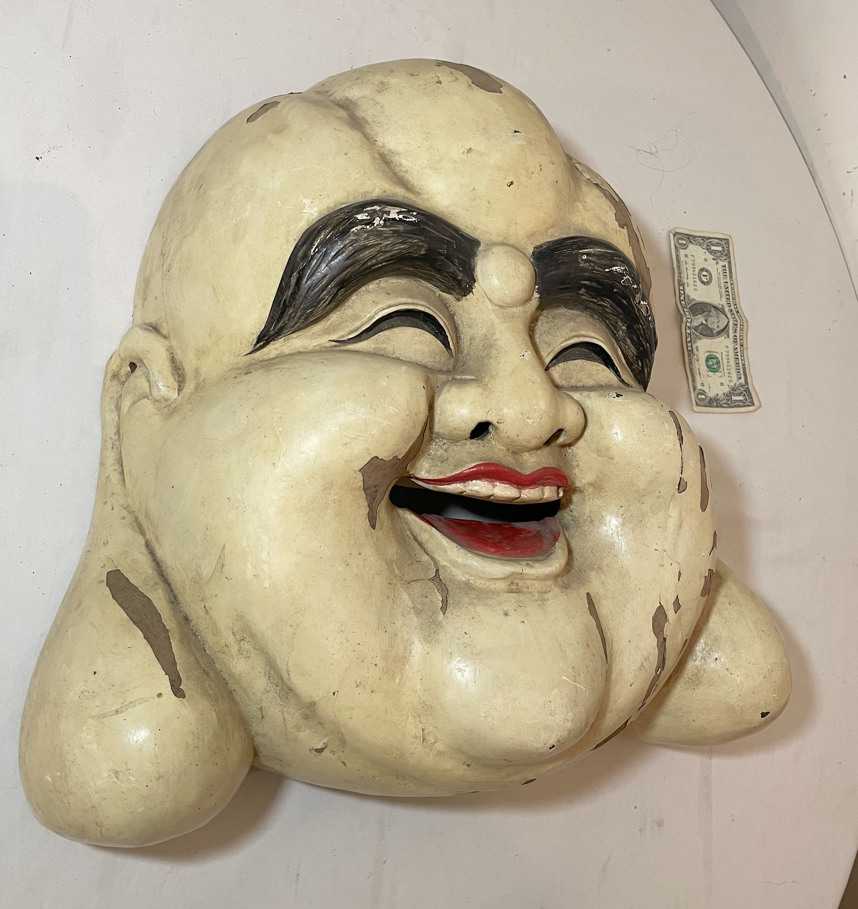 HUGE Rare Antique Hand Carved Wood Chinese Hotei God Mask Wall ...