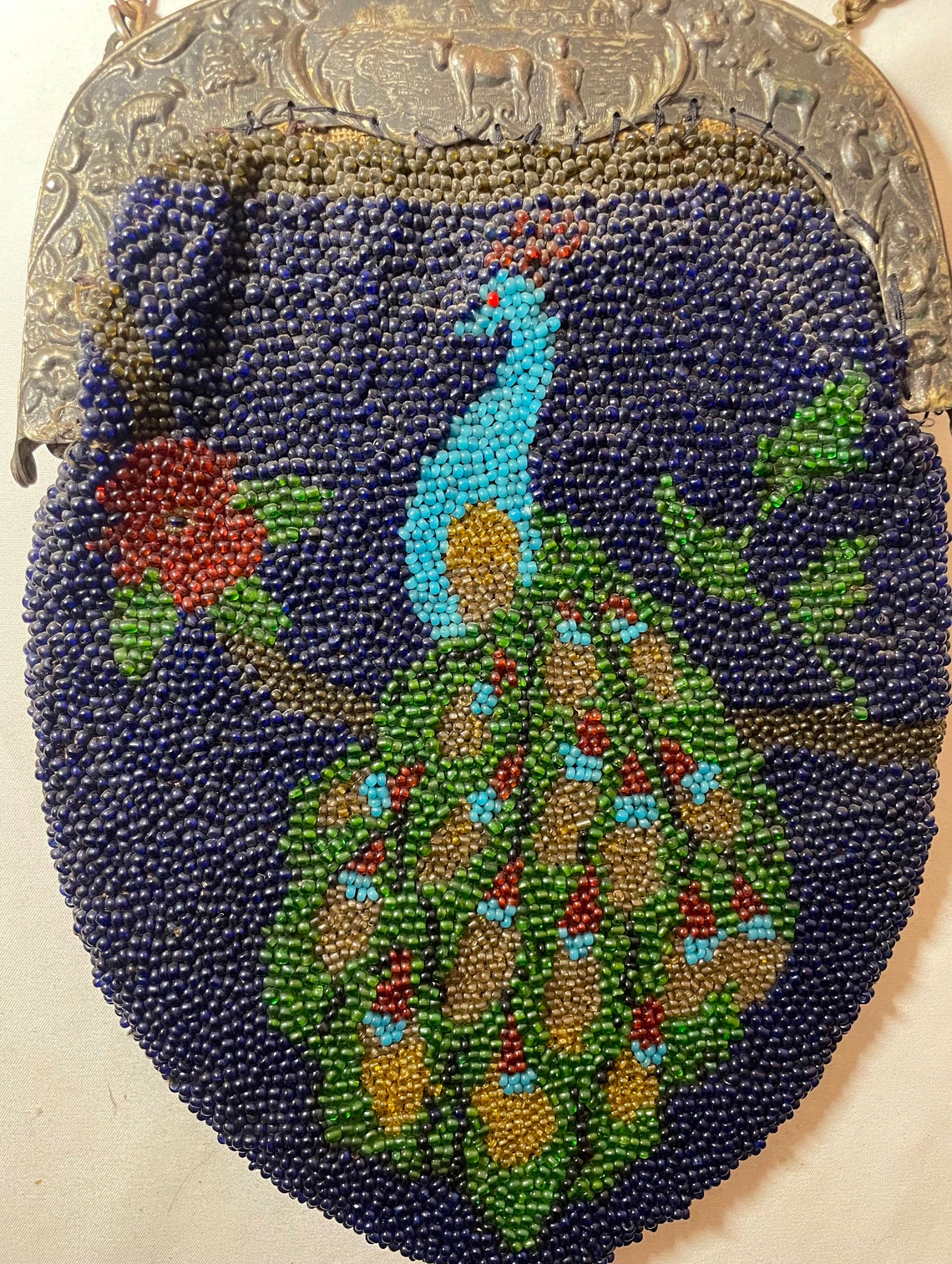 Antique Handmade Micro Glass Beaded Peacock Mosaic Silver - Etsy
