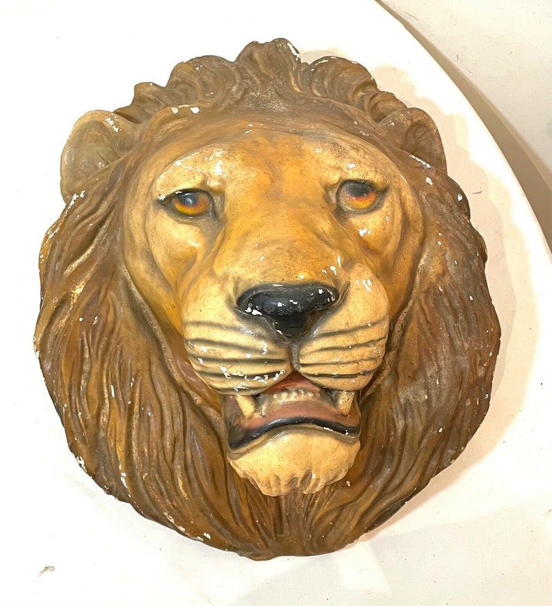 LARGE Antique Handmade Original Carnival Plaster Wall Mount Lion Head ...