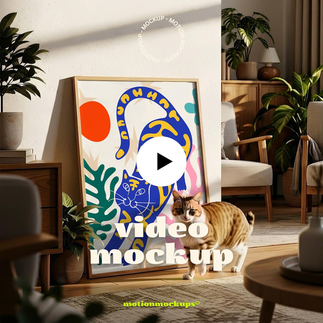 Animated Vertical Frame Video Mockup With Cat | Cozy Interior Wall Art ...