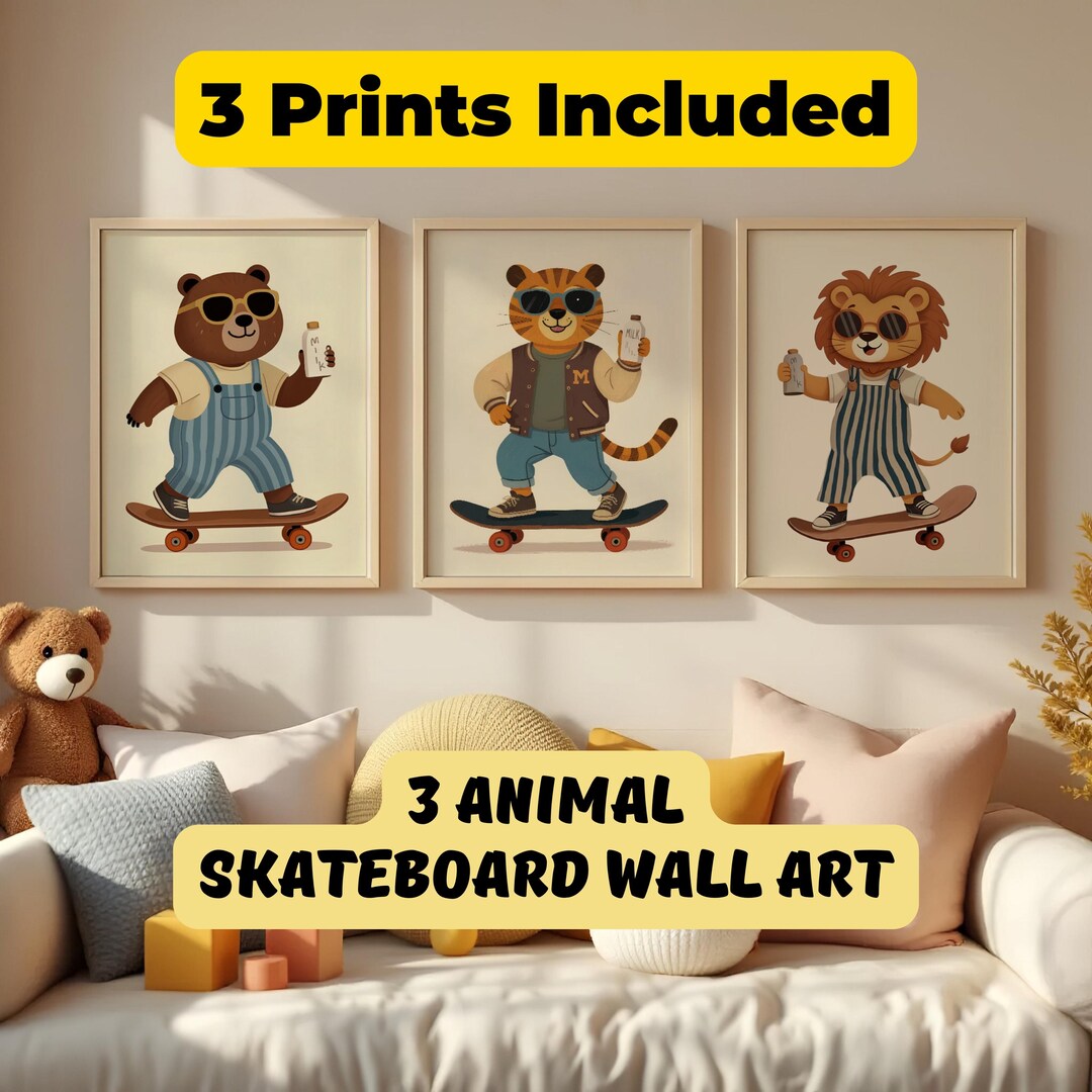 Retro Animal Skateboard Nursery Prints – Set of 3 (digital Download) - Etsy