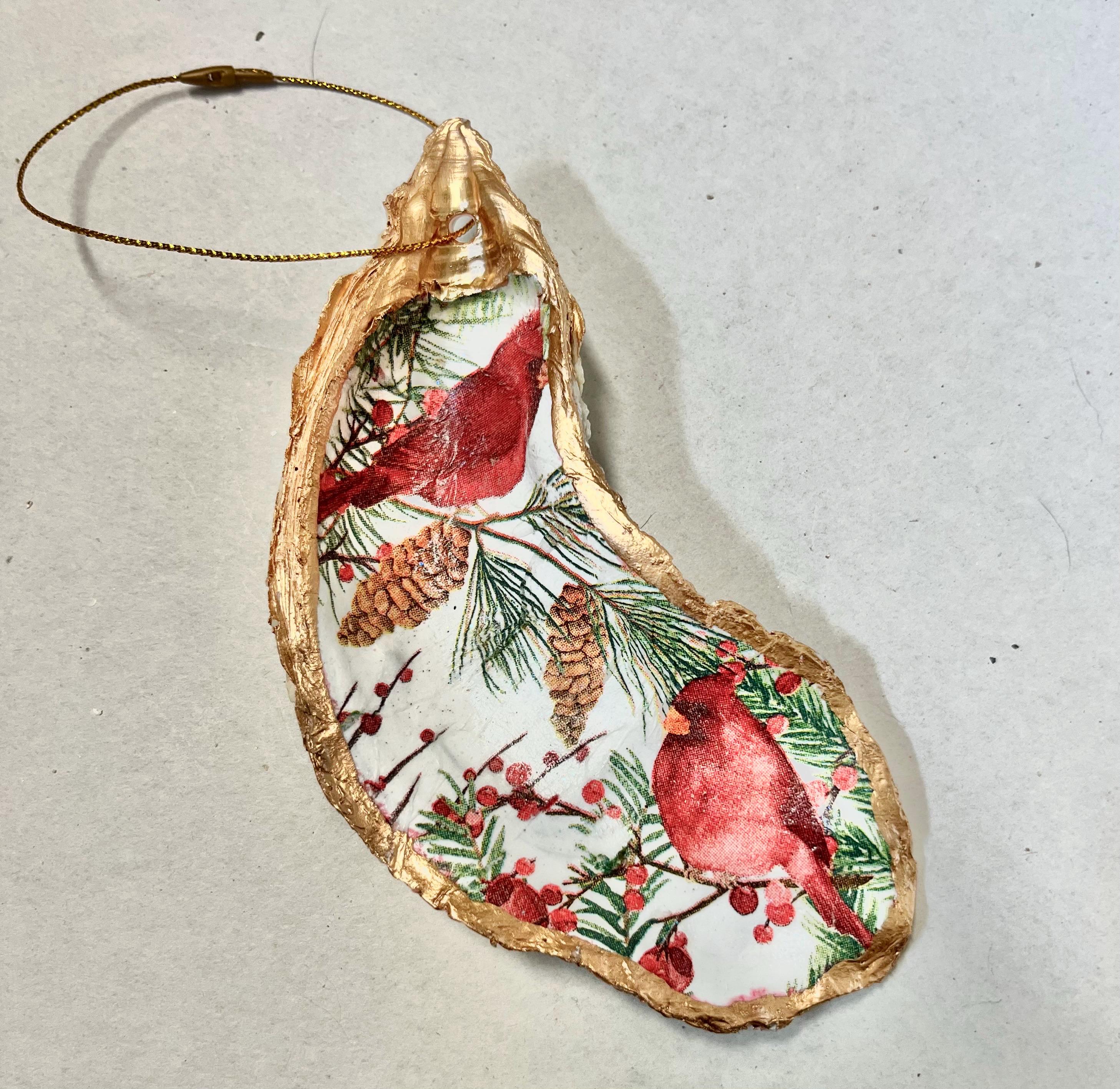 Cardinal Winter Scene Oyster Shell Ornament, Beachy Christmas Decor ...