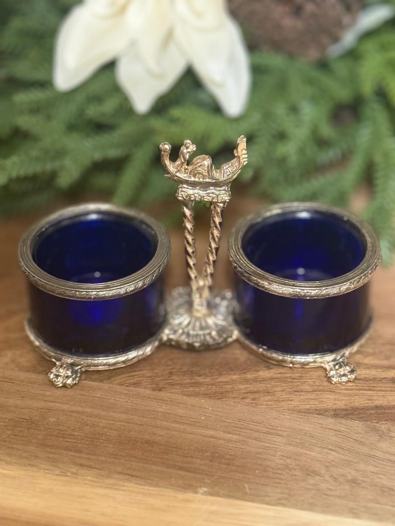 Vintage Double Salt Cellars With Cobalt Blue Glass | Silver-tone ...