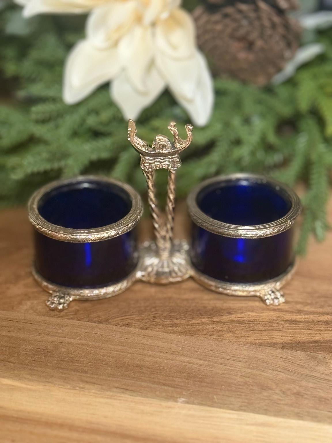 Vintage Double Salt Cellars With Cobalt Blue Glass | Silver-tone ...