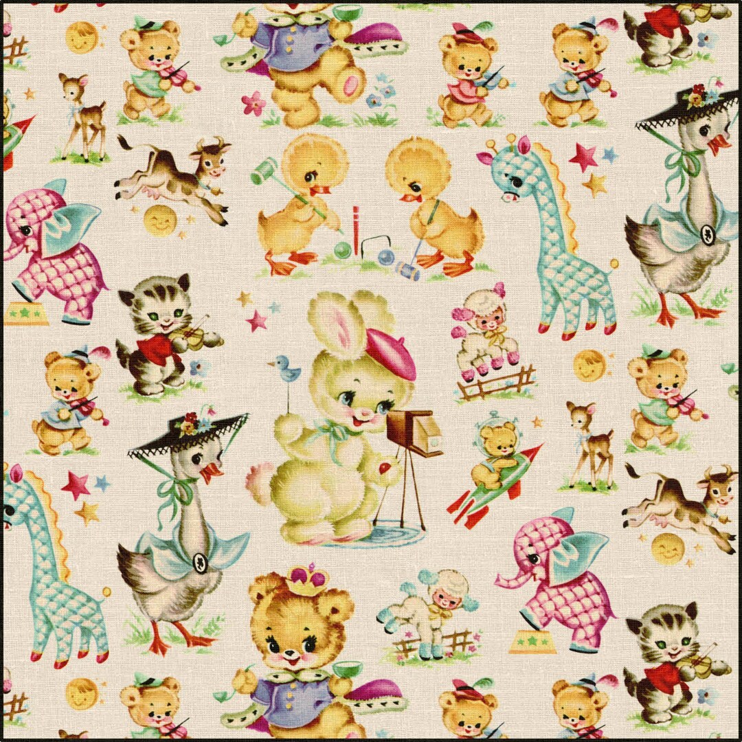 Retro Cute Kitschy Animals Fabric Jumbo Fat Quarter - Vintage Kitsch ...