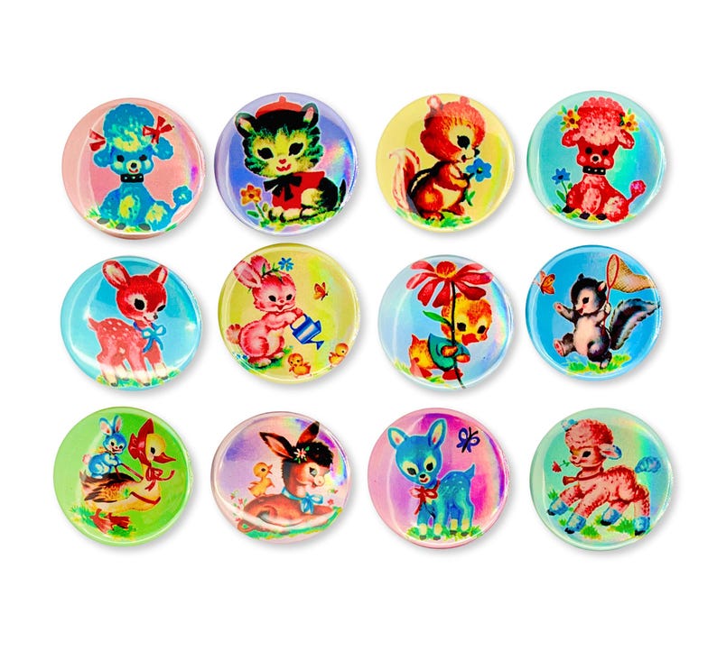 Cute Kitschy Critters Holographic Pin Buttons - Retro Vintage Colorful ...