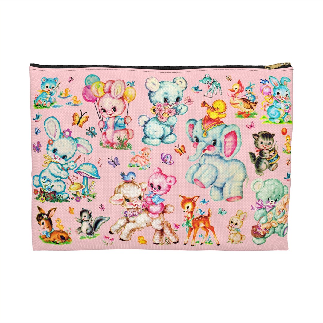 Cute Kitschy Critters Baby Animals Zipper Pouch - Vintage Retro Pink ...