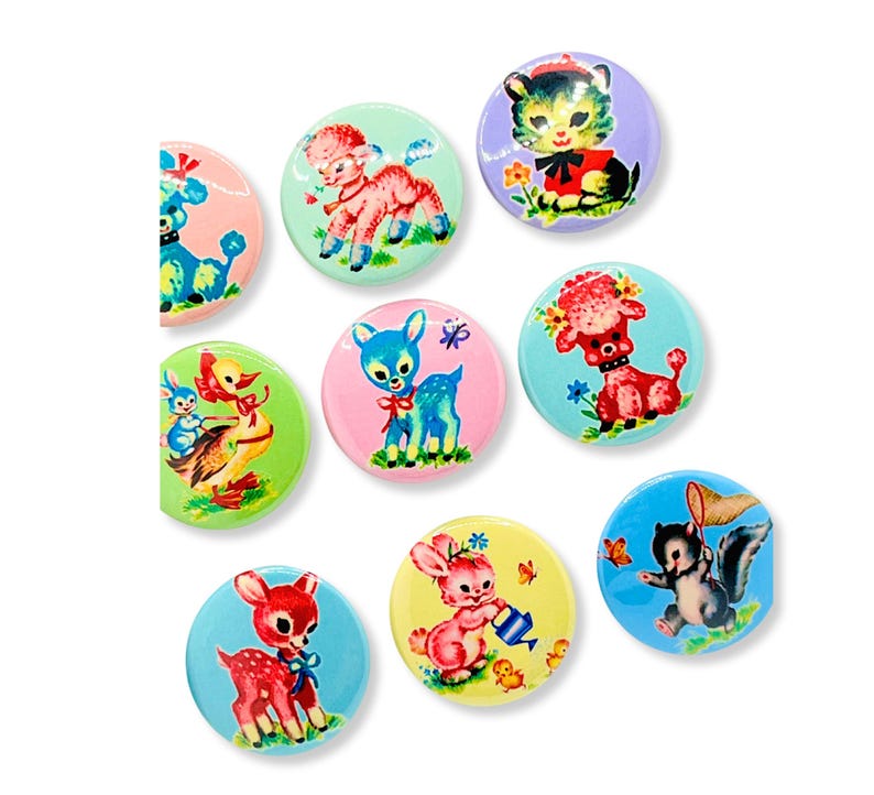 Cute Kitschy Critters Holographic Pin Buttons - Retro Vintage Colorful ...