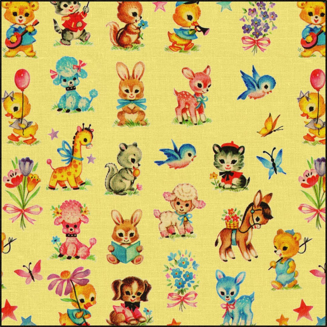 Vintage Cute Kitschy Critters Fabric by the Yard EXTRA WIDE 54" X 36 ...