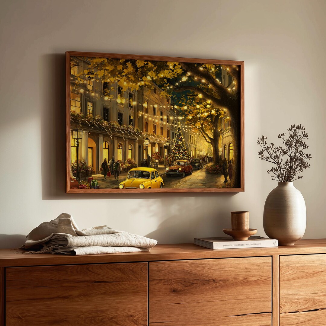 Nighttime City Street Scene With Holiday Lights - Cozy Printable Art ...