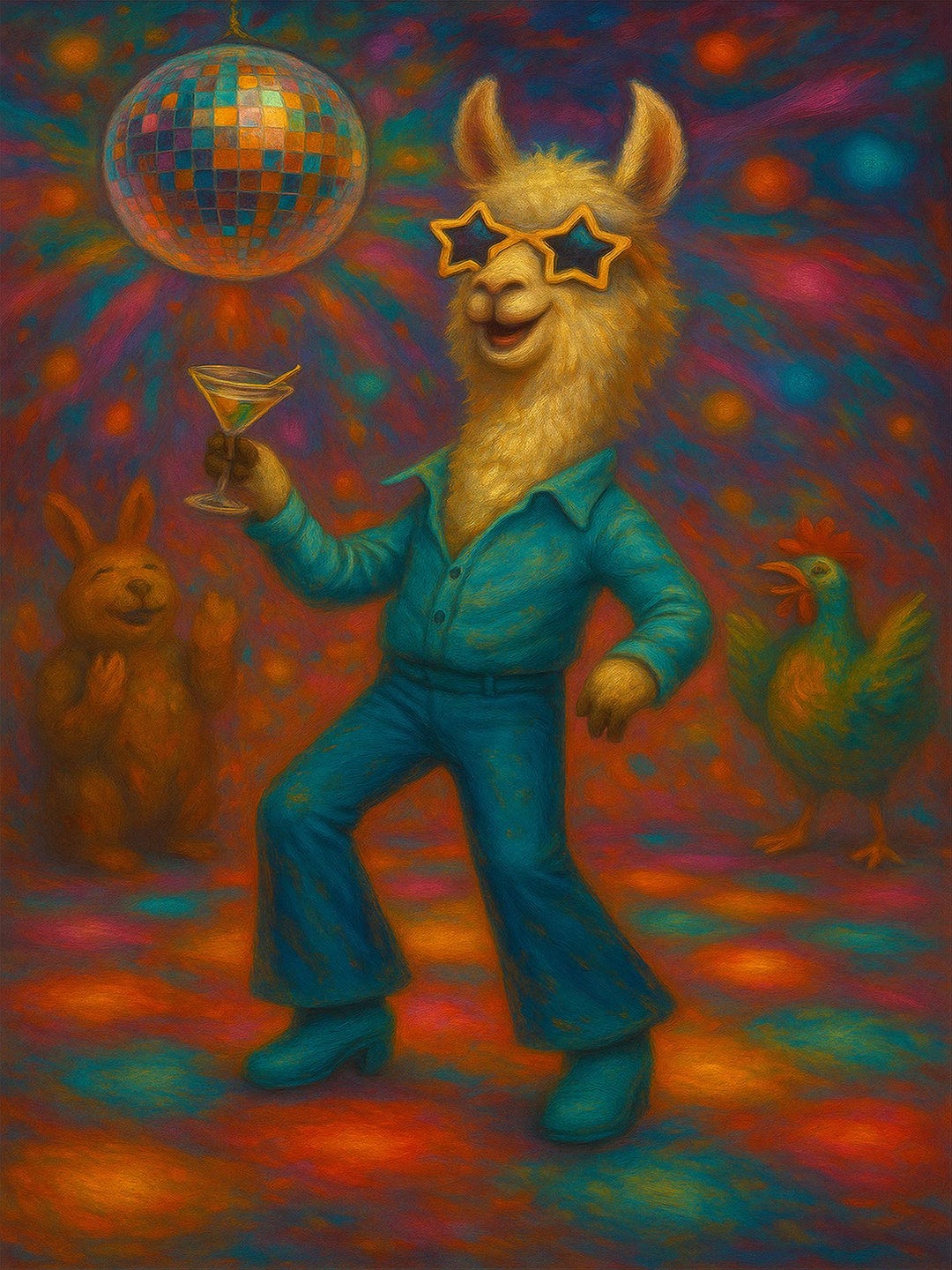 Disco Dancing 70s Llama With Martini PNG, Surrealistic Painting Style ...