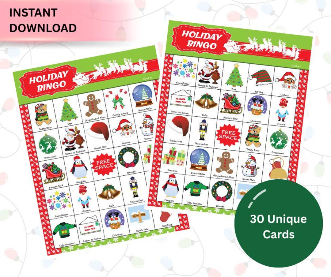 Christmas Bingo Printable | 30 Unique Cards | Fun Holiday Game for Kids ...