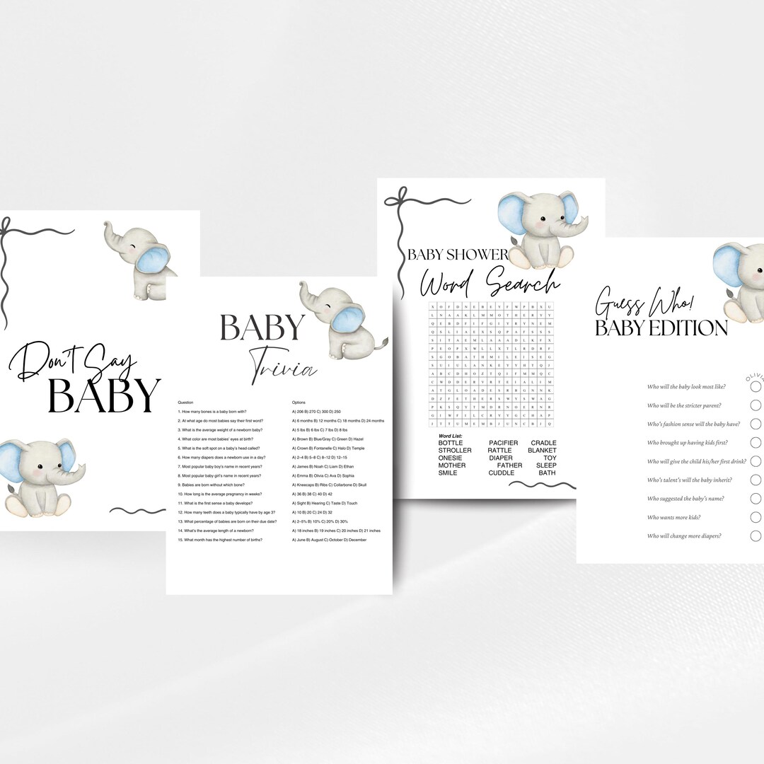 Baby Shower Games Bundle: Blue Elephant Theme (digital Download) - Etsy