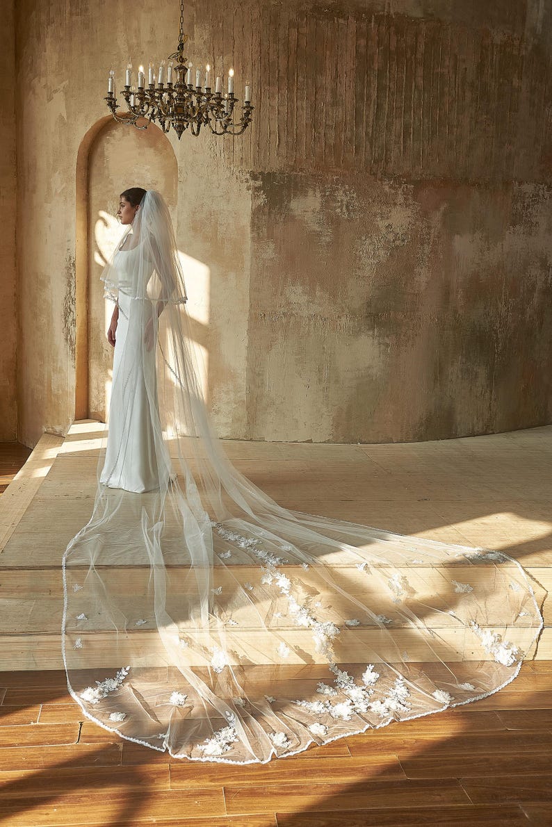Cathedral Wedding Veil – Extra Wide Floral Lace, Soft Tulle - Etsy