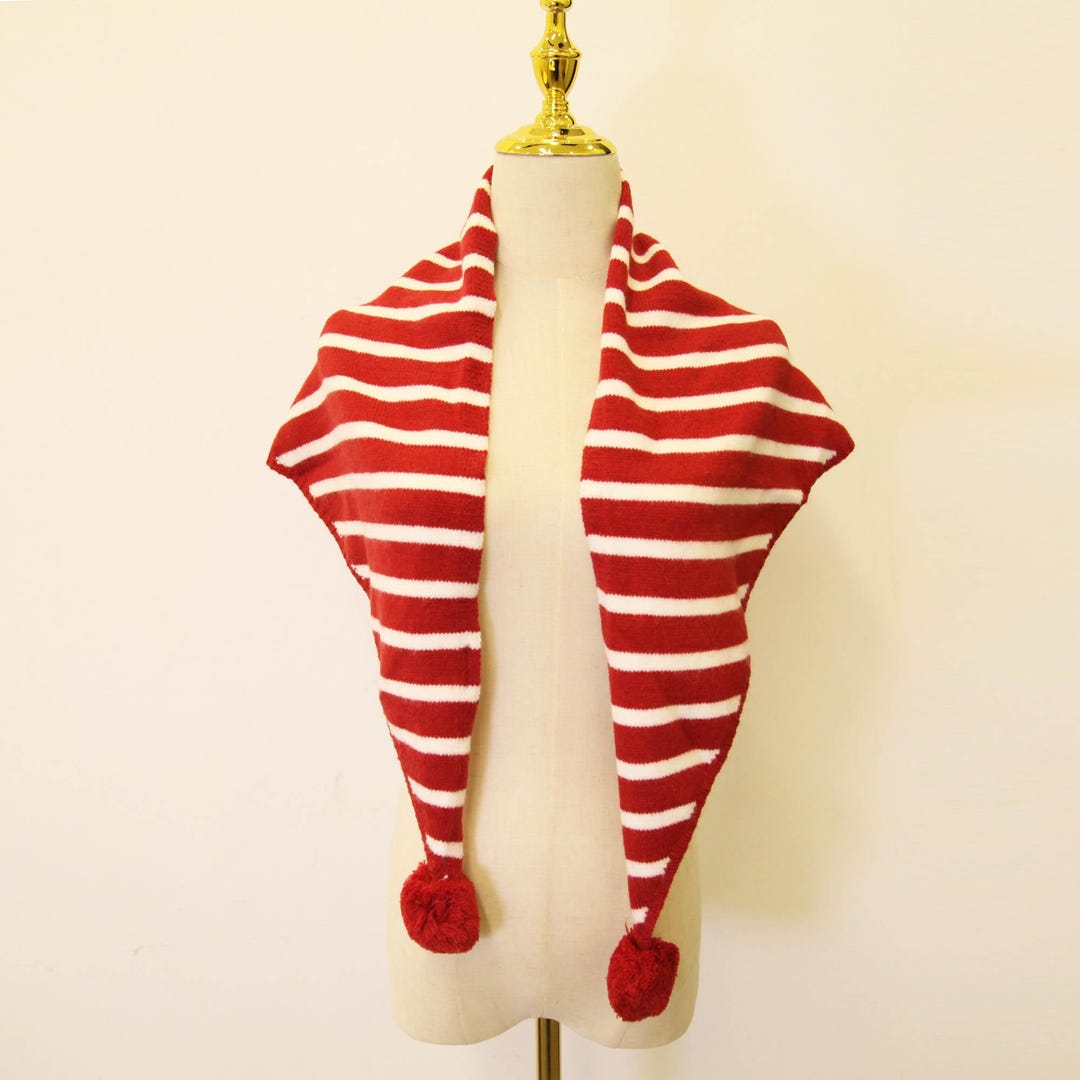 Christmas Red Pompom Striped Triangle Scarf - Festive Knit Snood ...