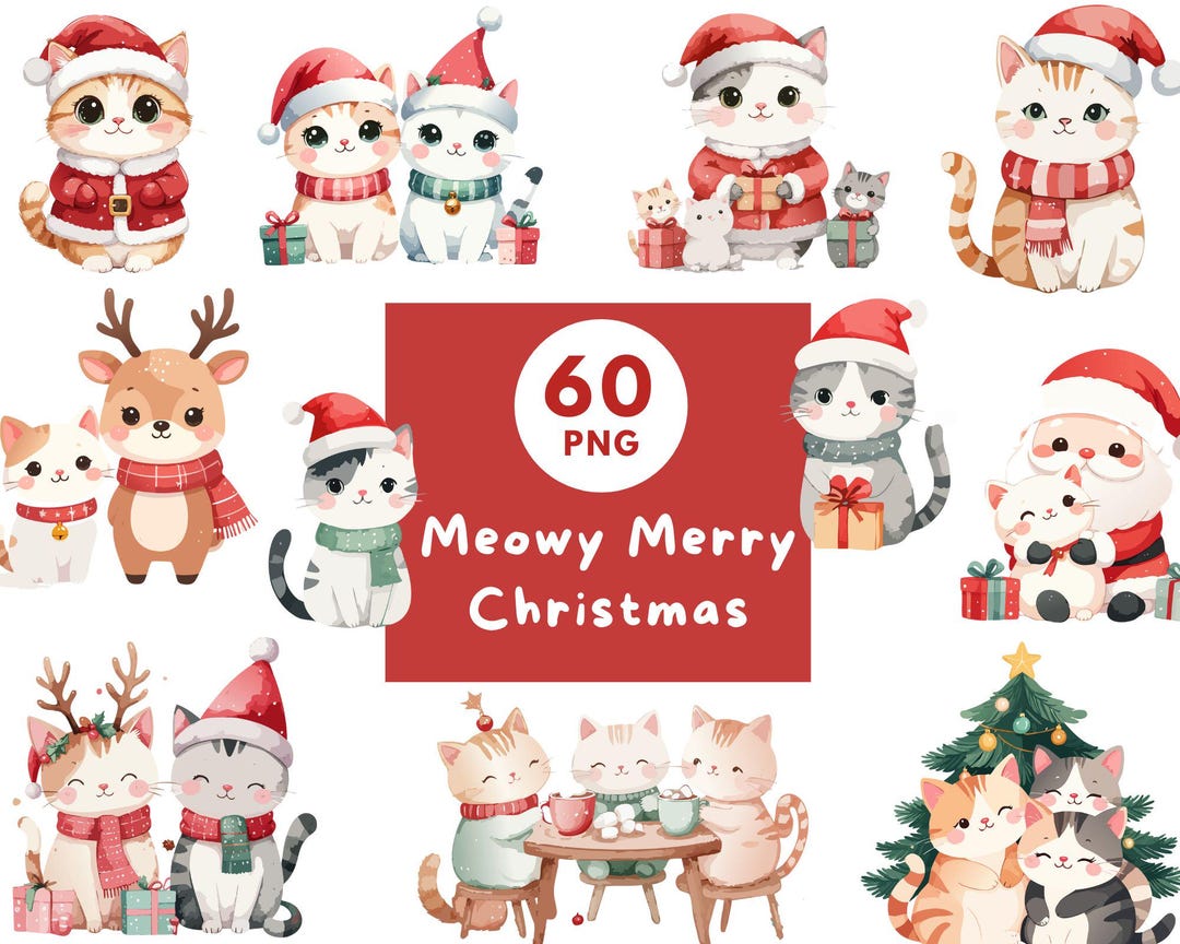 Meowy Christmas Cats Watercolor Clipart (60 PNG) - Etsy