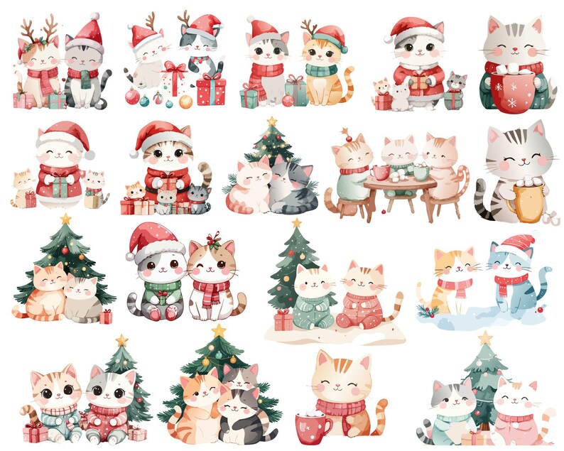 Meowy Christmas Cats Watercolor Clipart (60 PNG) - Etsy