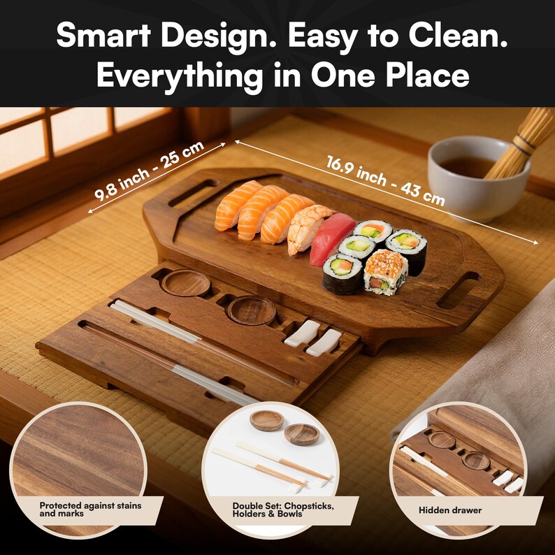 Sushi Tray With Hidden Set: Serving Tray Acacia Wood Board, Valentines ...