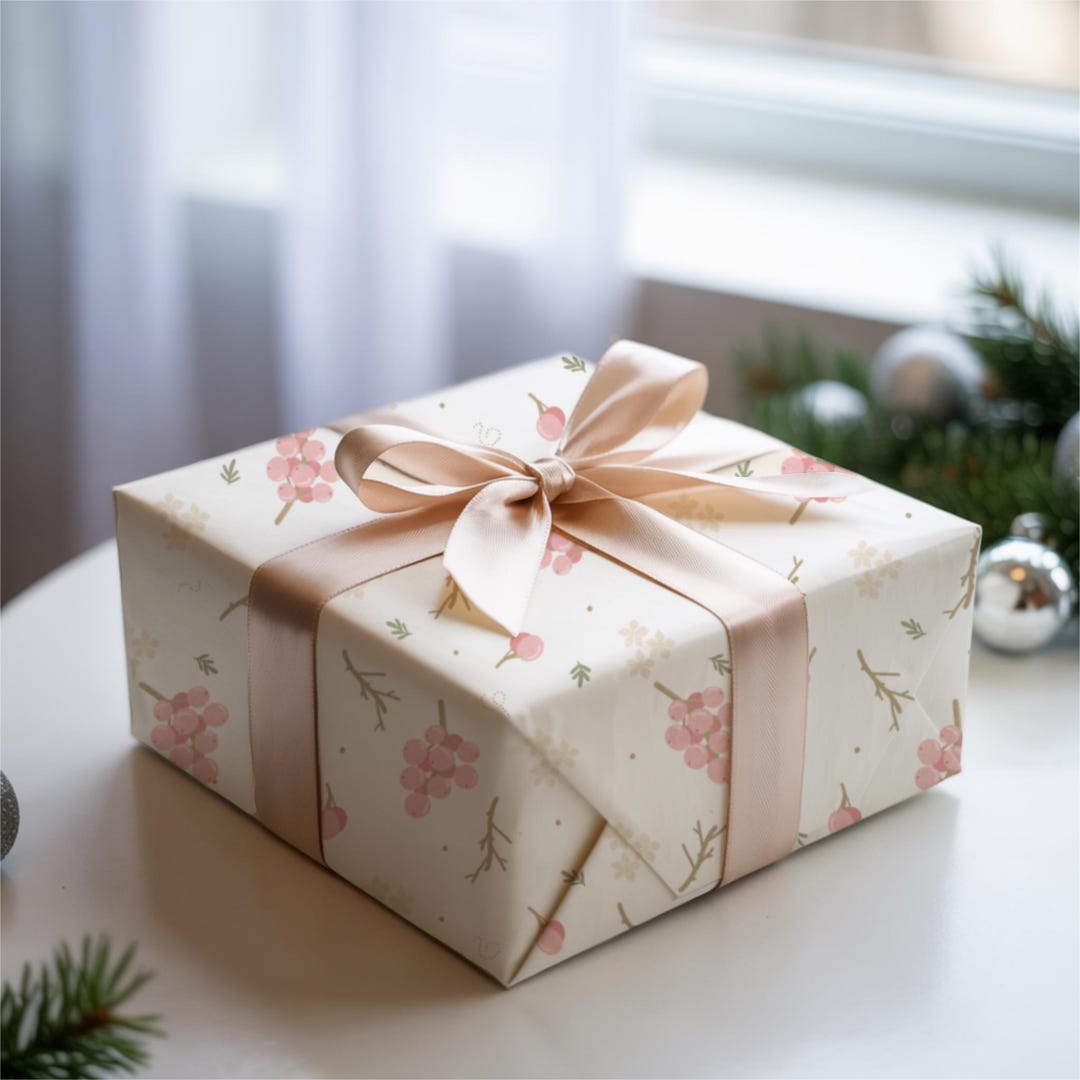 Blush Pink Gift Wrap, Feminine Winter Gift, Winterberry Thicket, Satin ...